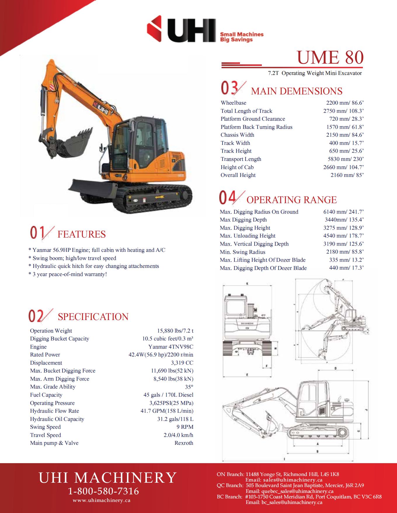 UHI Machinery UME80 Mini Excavator 15,880 lbs. Yanmar Engine – UHI ...